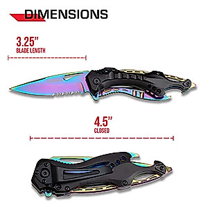 TAC Force Spring Assisted Folding Pocket Knife – Rainbow TiNite Coated Stainless Steel Blade with Black Aluminum Handle, Bottle Opener, Glass Punch and Pocket Clip, Tactical, EDC, Rescue - TF-705RB