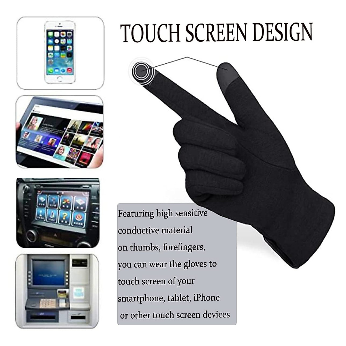 Tomily Womens Touch Screen Phone Fleece Windproof Gloves Winter Warm Wear (Black)