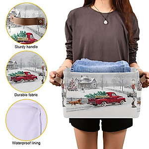 Christmas Tree Red Truck Basket Decor Winter Snowflake Candy Storage Bin Basket for Shelf Closet Foldable Fabric Storage Box Cube with Handles Kids Toys Clothes Organizer Basket for Nursery Bedroom