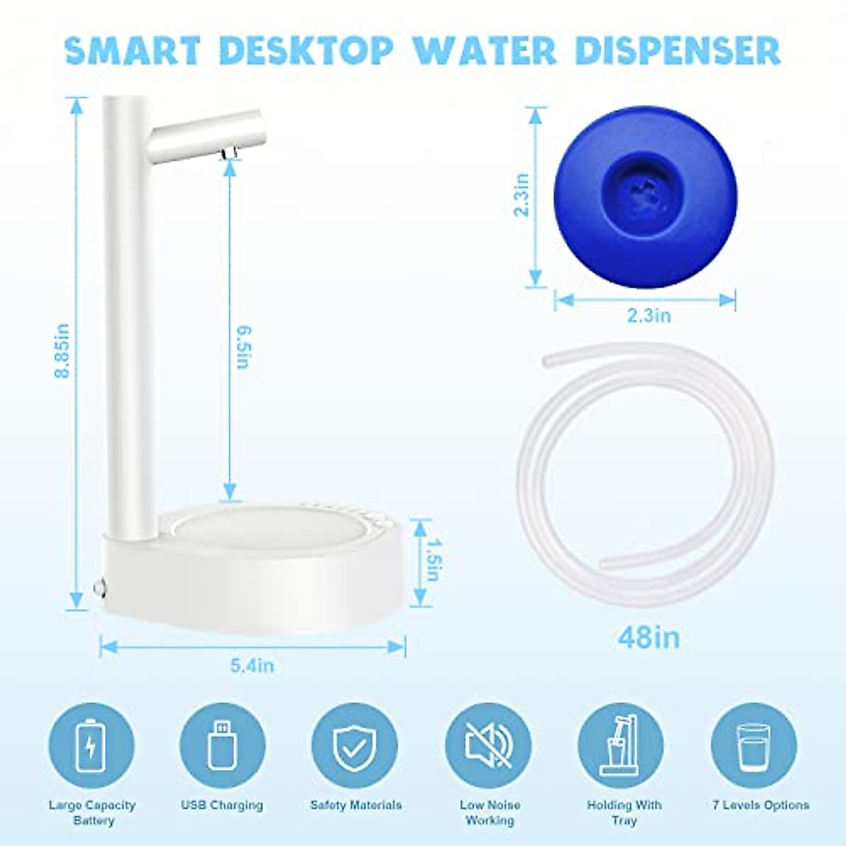 TOBTOC Desktop Water Dispenser for 5 Gallon Bottle, Bedside Water Dispenser with 7 Levels, Portable Water Dispenser Countertop with Bottle Cap and pH Strips, Smart Household for Home, Office, Outdoor