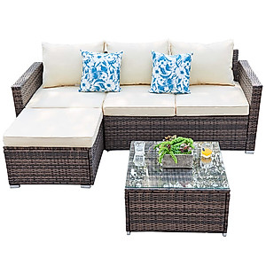 Suntone Patio Furniture Set All Weather Wicker Outdoor Sectional Patio Couch Rattan Patio Sectional with Table and Chairs, 3 Piece Patio Sofa Set, Beige