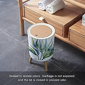 Trash Can with Lid Green Aquatic Underwater Nature Coral Reef Tropical Plant sea and Press Cover Small Garbage Bin Round with Wooden Legs Waste Basket for Bathroom Kitchen Bedroom 7L/1.8 Gallon