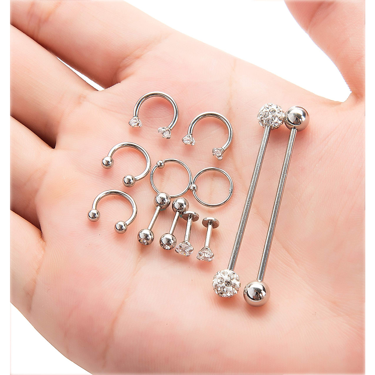 Masedy 12Pcs Stainless Steel Industrial Barbell Cartilage Piercing Earrings for Women Men Hoop Helix Tragus Labret Piercing A-Silver