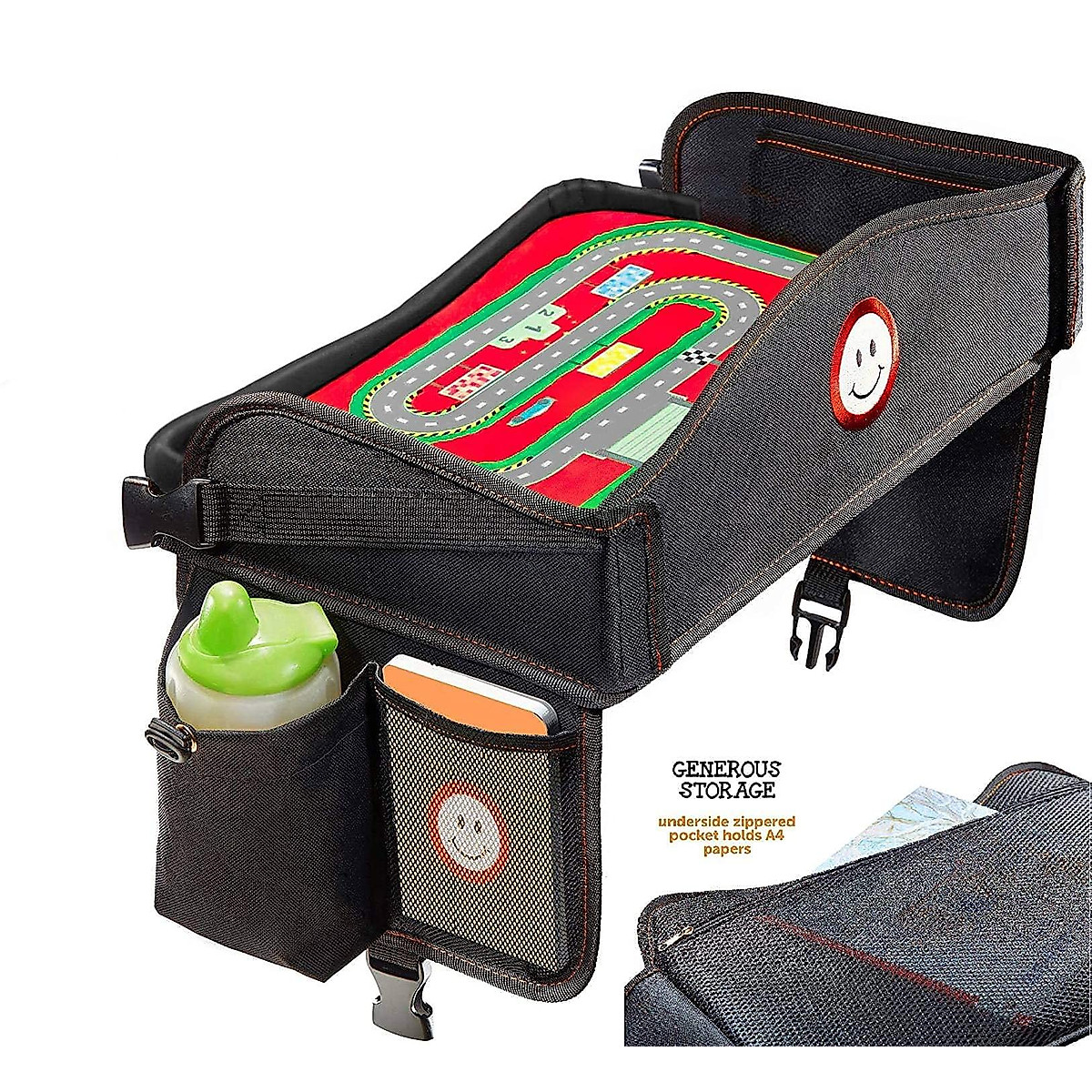 Coolmum Kids Travel Tray, Toddler Car Seat Tray, Double Sided Activity Organizer, Snack Lap Tray, Baby Stroller Tray, Airplane Play Table, Waterproof and Foldable (Premium Black)