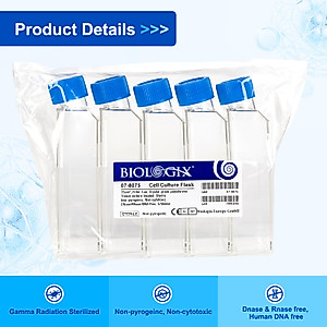 CryoKing Cell Culture Flasks, Sterile Plastic Tissue Culture Bottle with Filter Cap, 75cm² Culture Area, TC Treated, 25ml Working Volume, Pack of 5