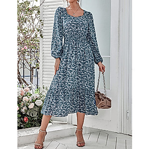 HOTOUCH Ladies Dresses Boho Long Sleeve Square Neck Gorgeous Leopard Print Ruffle Tiered Maxi Dress Tie Back Flowy Long Dress Blue M