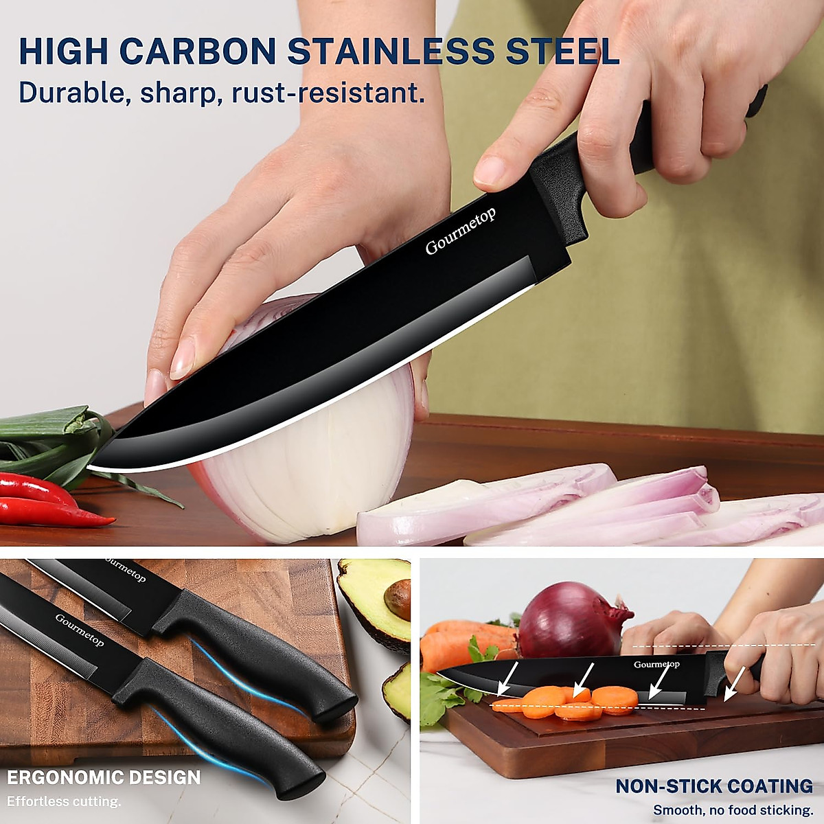 Gourmetop Kitchen Knife Set with Block 15 pcs, Kitchen Knife Block Set with Wood Acrylic Stand, Sharp Knife Set with Sharpener, Scissors, and Peeler, Black Cooking Knives Set for Kitchen Cutting