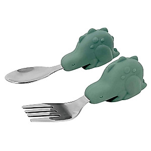 Tiny Twinkle Easy Grip Toddler Utensils Spoon and Fork Set - BPA & Phthalate Free Utensil Sets, Kids Silverware With Silicone Handle, Baby Led Weaning Supplies for 12 Months & Up (Olive Dinosaur)