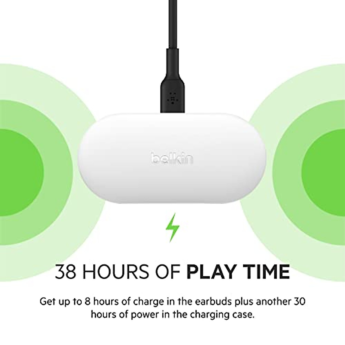 Belkin Wireless Earbuds, SoundForm Play True Wireless Earphones with USB-C Quick Charge, IPX5 Sweat and Water Resistant, 38 Hour Play Time, Compatible with iPhone, Galaxy, Pixel and More - White