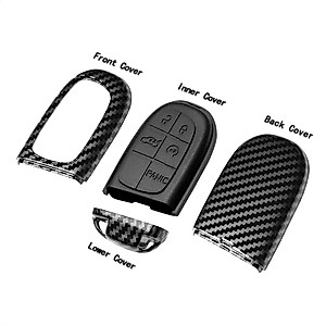 TANGSEN Smart Key Fob Case for Dodge RAM for Jeep Cherokee 3 4 5 Button Keyless Entry Remote Control Accessories Personalized Double Protective Cover ABS Plastic Carbon Fiber Pattern Black Silicone