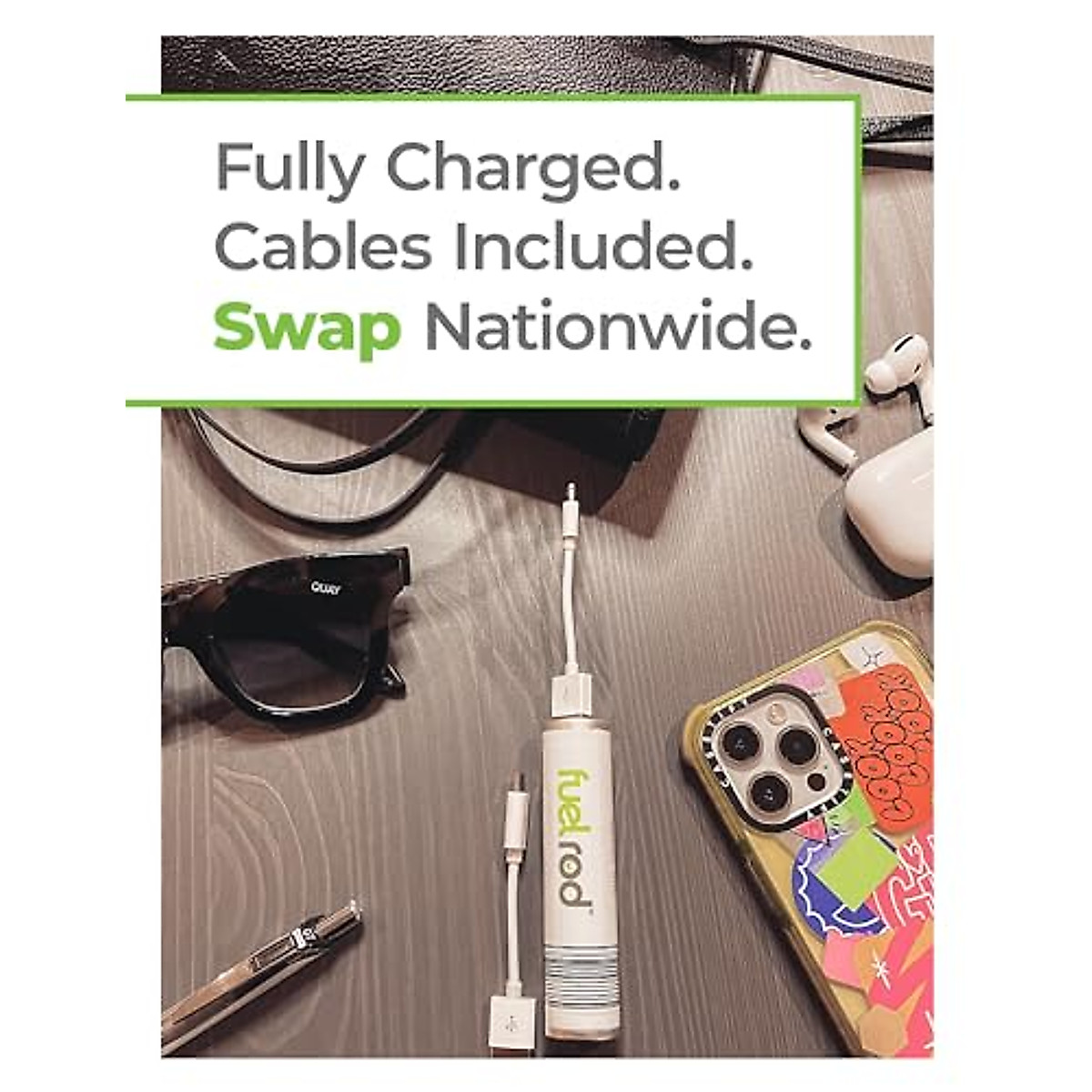 FuelRod Portable Charger Kit - Pack of 2 - Includes All Cables & Adapters Compatible with All Tablets & Smart Phones, Rechargeable Backup Power Bank, Swap for Charged Rod at Kiosk