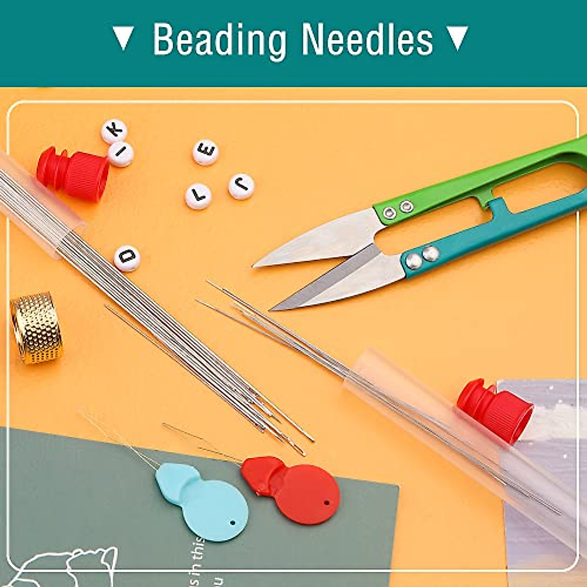 UOOU 28 Pcs Beading Needles Set Include 20 Pcs Long Straight Beading Thread Needles + 8 Pcs Big Eye Beading Needles, Embroidery Needles with Needle Bottle, Thimble, Needle Threaders for Jewelry Making