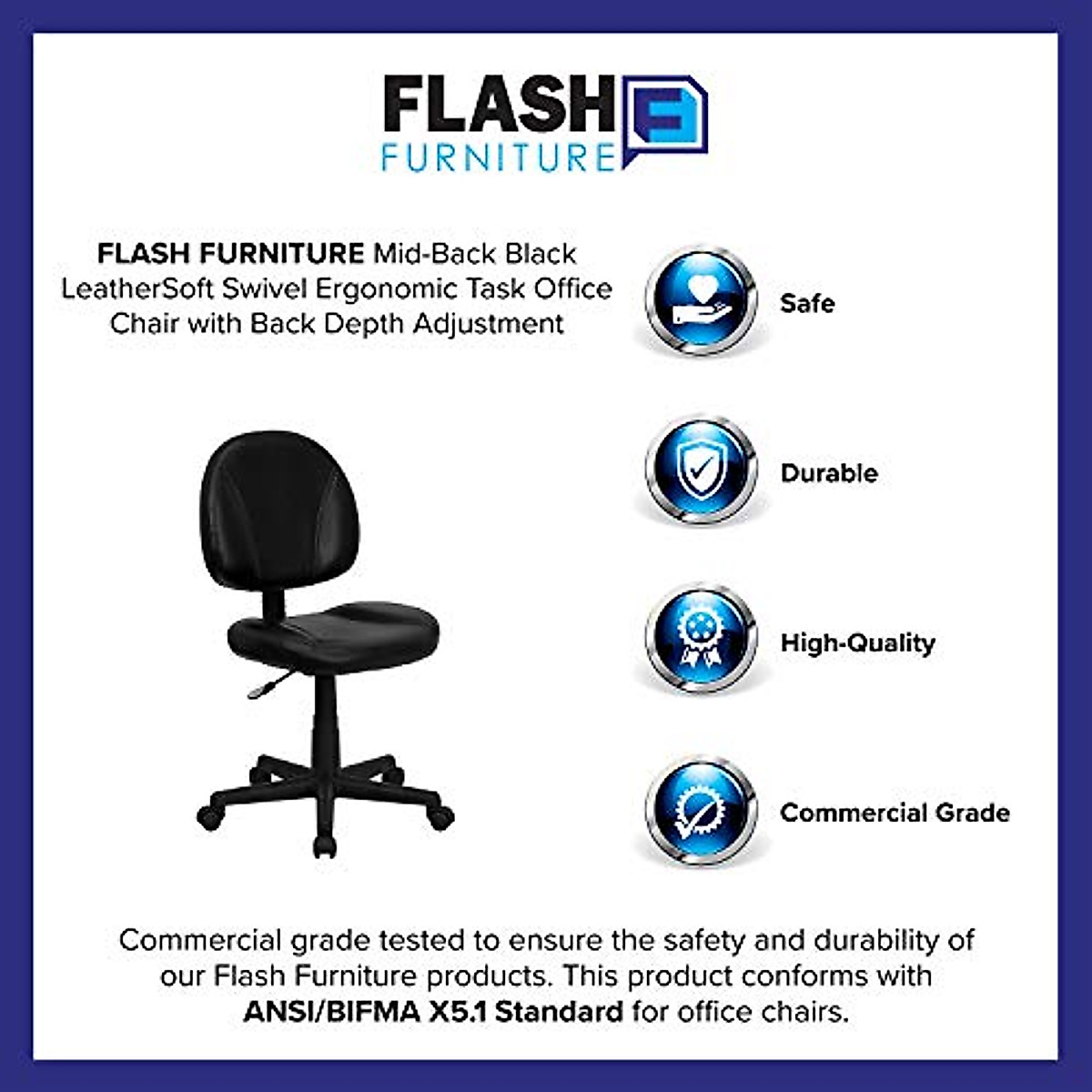 Flash Furniture Ronald Mid-Back Black LeatherSoft Swivel Ergonomic Task Office Chair with Back Depth Adjustment