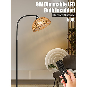 Brilvibera Modern Black Dimmable Floor Lamp with Remote Control, Hand-Worked Rattan Shades, Bohemian Style for Living Room, Bedroom, Office
