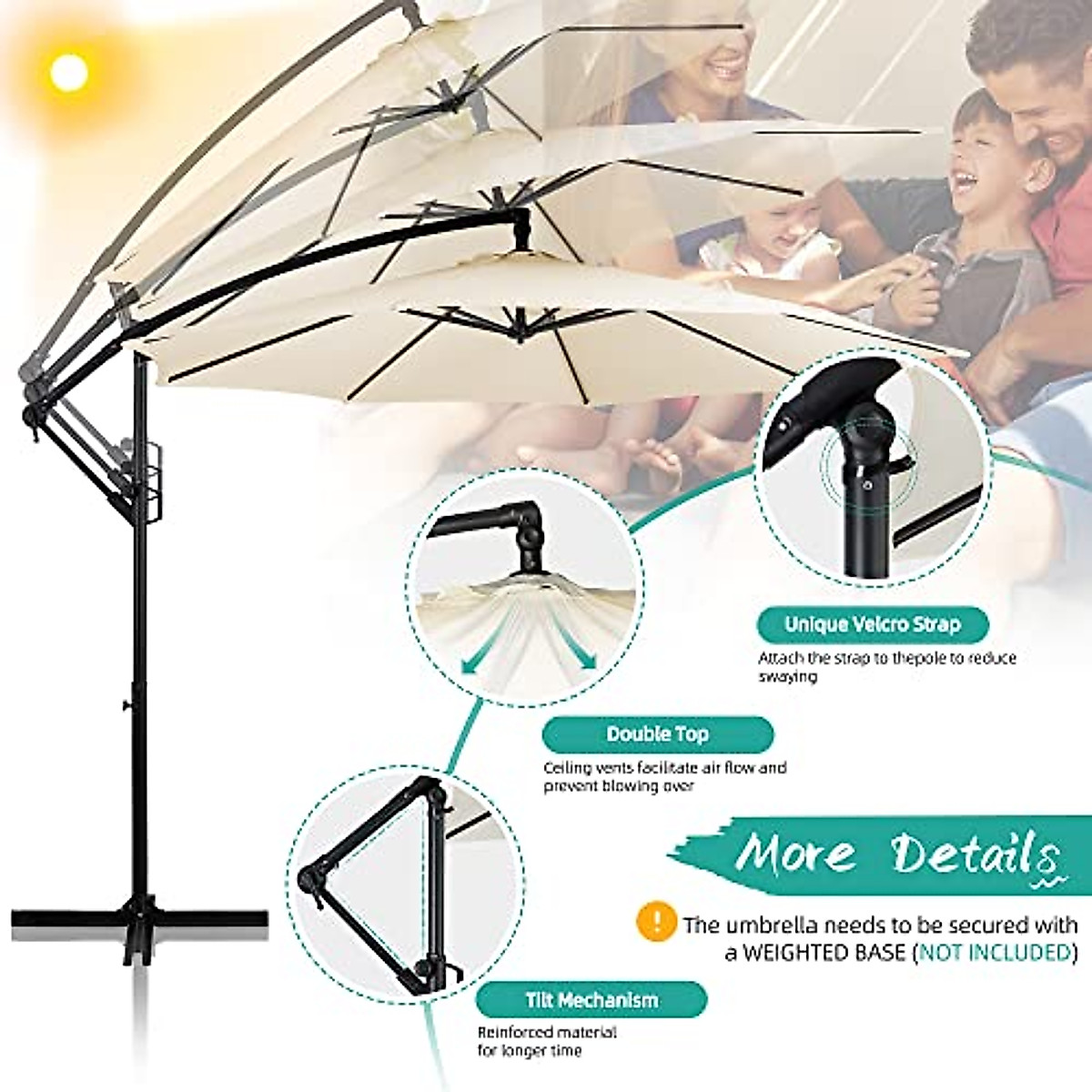 Shintenchi Patio Offset Umbrella w/Easy Tilt Adjustment,Crank and Cross Base, Outdoor Cantilever Hanging Umbrella with 8 Ribs, 95% UV protection and Waterproof Canopy, Cream White
