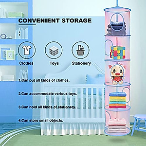 2Pcs Hanging Mesh Space Saver Bags Organizer, Foldable Stuffed Animal Storage Organizer 5 Compartments Toy Storage Organizer for Kid Room Toys, Gloves,Hats,Socks Storage Rainbow