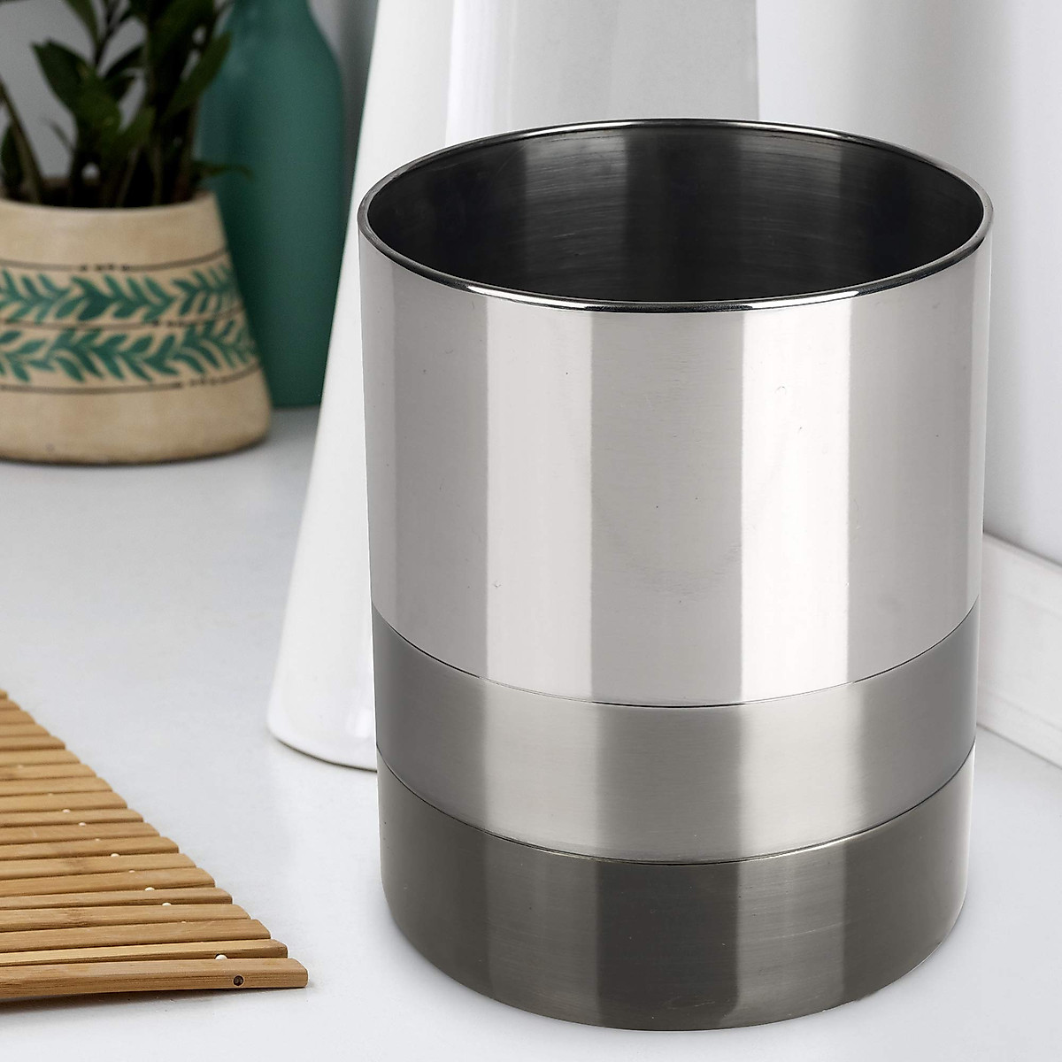 nu steel Triune Wastebasket & Trash Bin in 3-Tone Shiny Gray Stainless Steel for Bathrooms & Vanity Spaces
