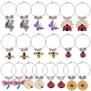 BENECREAT 20Sets 10 Styles Garden Theme Alloy Enamel Wine Glass Charms, Flower Bee Butterfly Beetle Wine Glass Charms Markers Tags Identification for Stem Glass decoration