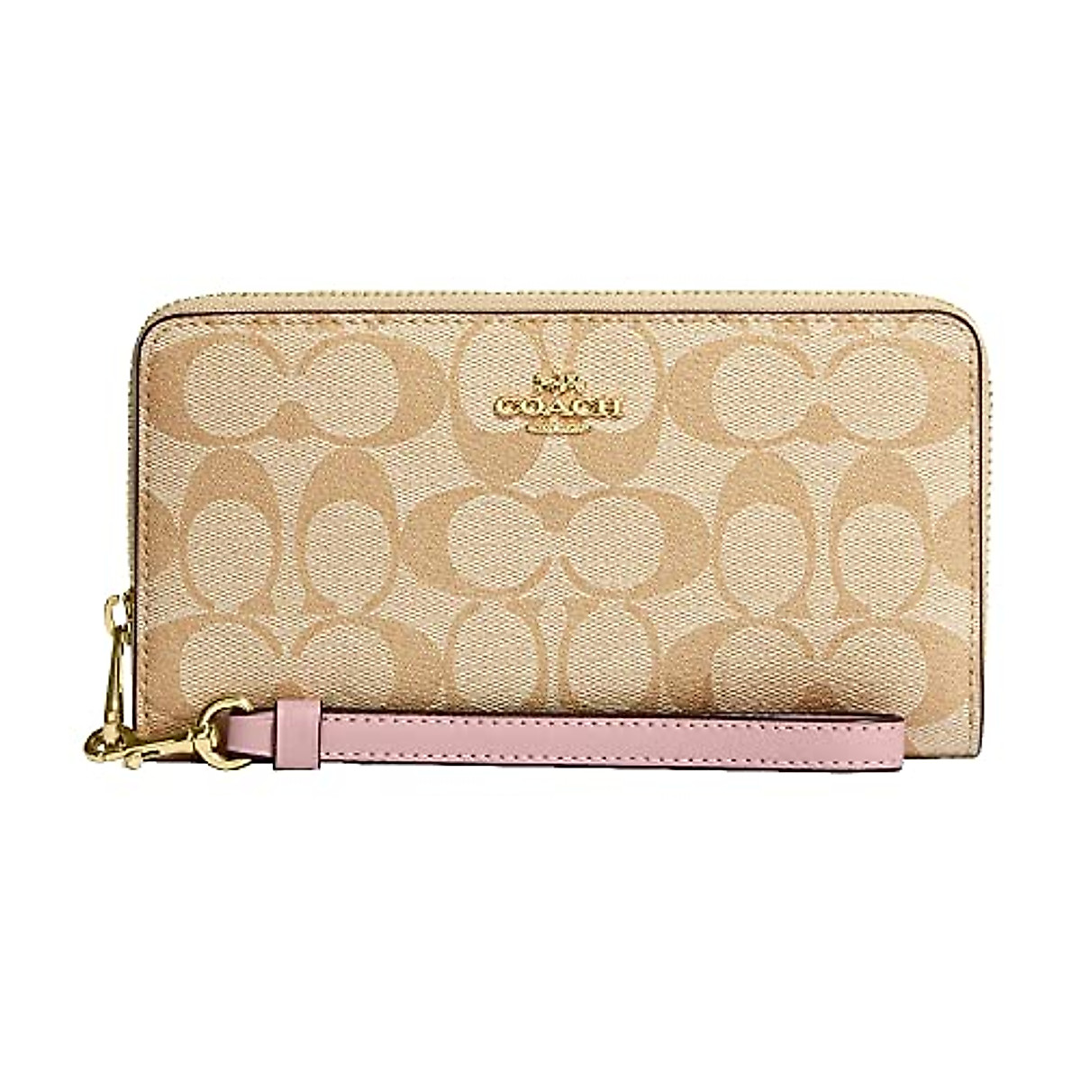 COACH Women's Long Zip Around Wallet (Signature Canvas, Light Khaki - Powder Pink)