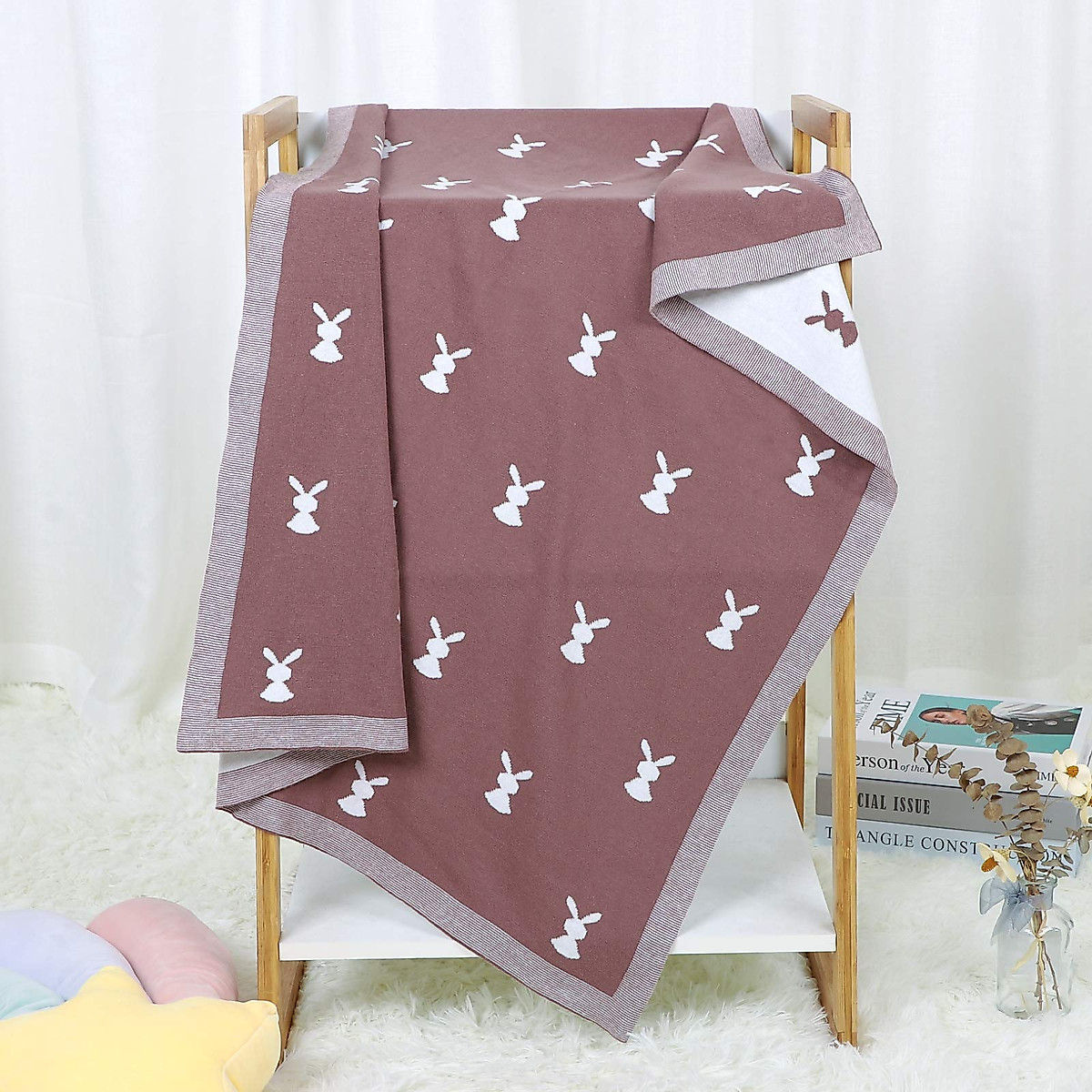 LAWKUL Baby Wrap Blanket Soft 100% Cotton Baby Blanket Knit Crib Receiving Blanket with Bunny Pattern Swaddle Cute Blanket for Babies Boy and Girl in Easter Size 40 * 30 Inches
