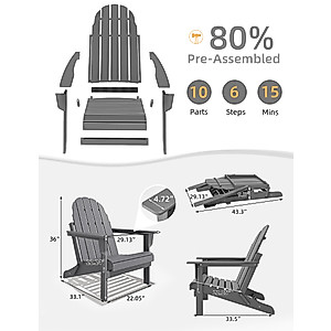 Folding Adirondack Chair - Durable HDPE Poly Lumber All-Weather Resistant, Foldable Oversized Balcony Porch Patio Outdoor Chair for Lawn, Backyard, Deck, Garden, Camping - Easy Installation, Gray