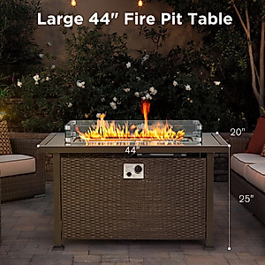 GYUTEI 7 Piece Patio Furniture Set w/ 44" Propane Fire Pit Table, Outdoor Sectional Conversation Rattan Sofa Set with Recliner, Storage Coffee Table for Garden, Porch, Backyard(Blue)