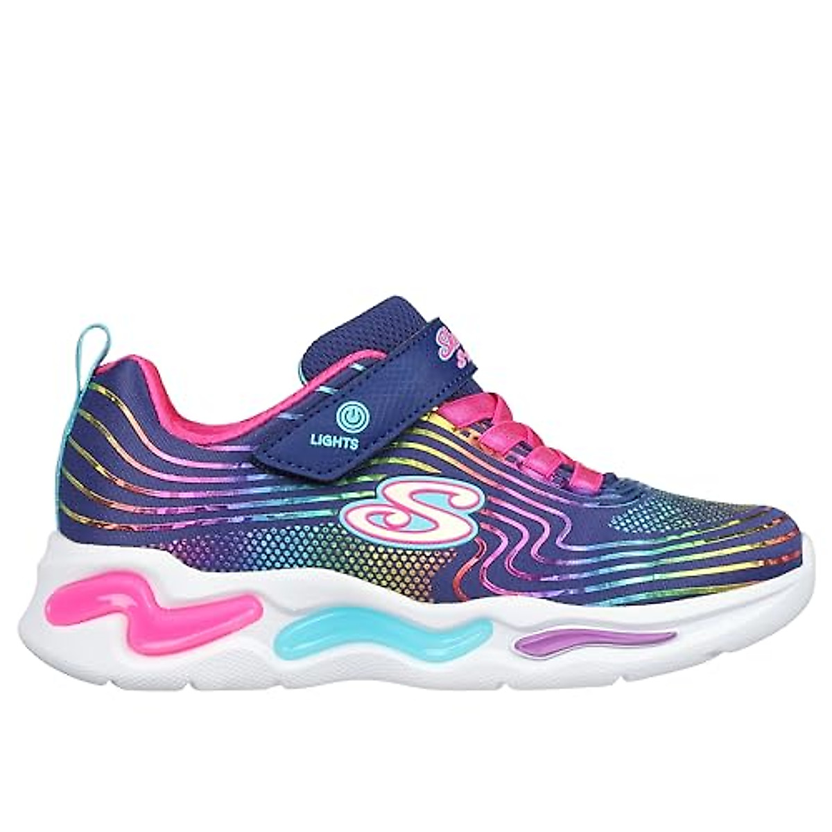 Skechers Kids Wavy Beams Sneaker, Navy/Multi, 2 US Unisex Little Kid