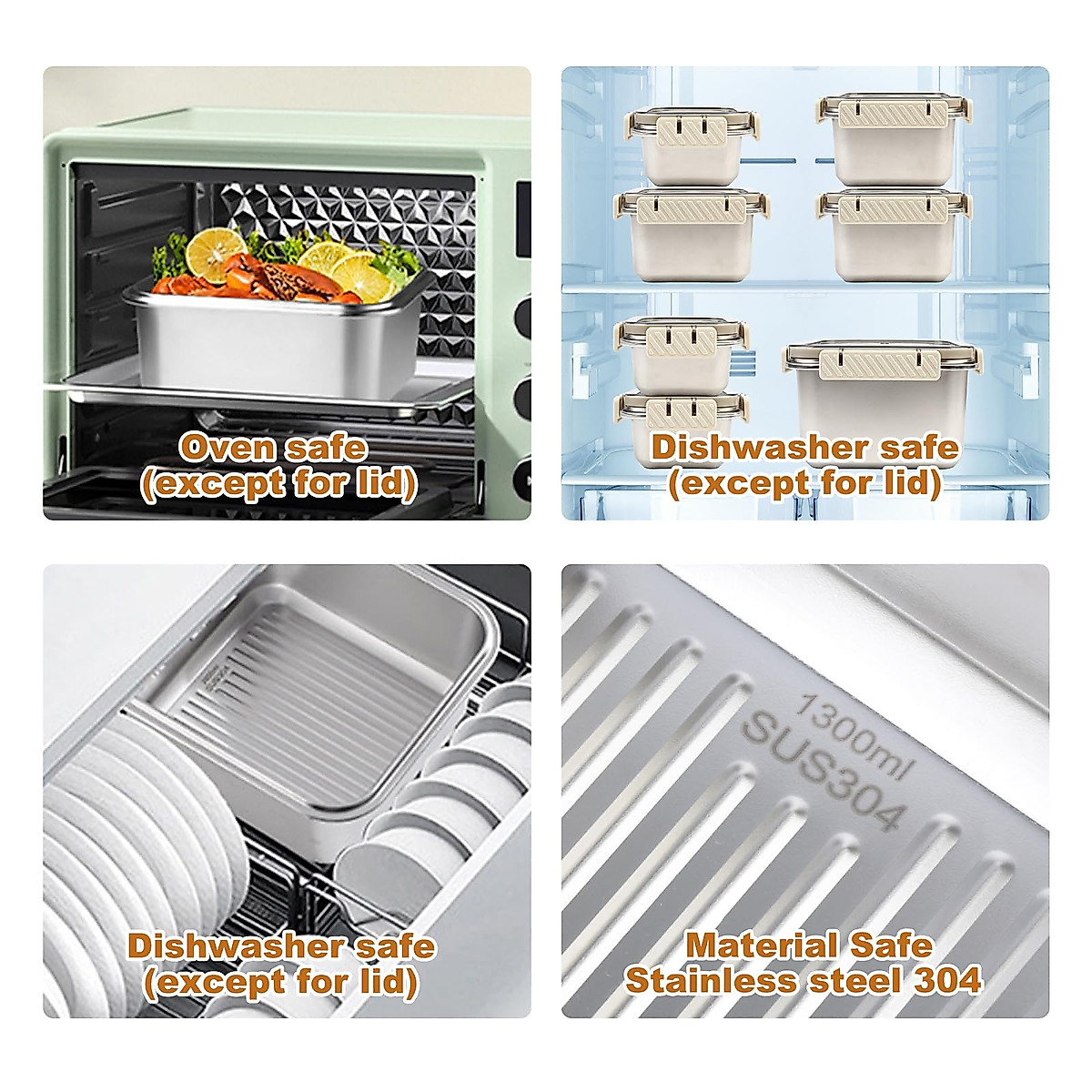 LANGMINGDE Stainless Steel Food Container with Lid, Meal Prep Container Lunch Box with Handle Date Tracker for Travel, Party, Leftovers, Dishwasher Safe Oven/Freezer Safe Except Lid, 44oz/1300ml