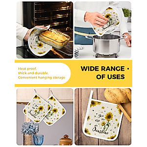 2 Pack Pot Holders Heat Insulation Potholder, Sunflower Hot Pads Multipurpose Oven Pads Terry Cloth Potholders for Kitchen Cooking Baking Dining Table Summer Sunshine Floral and Bees