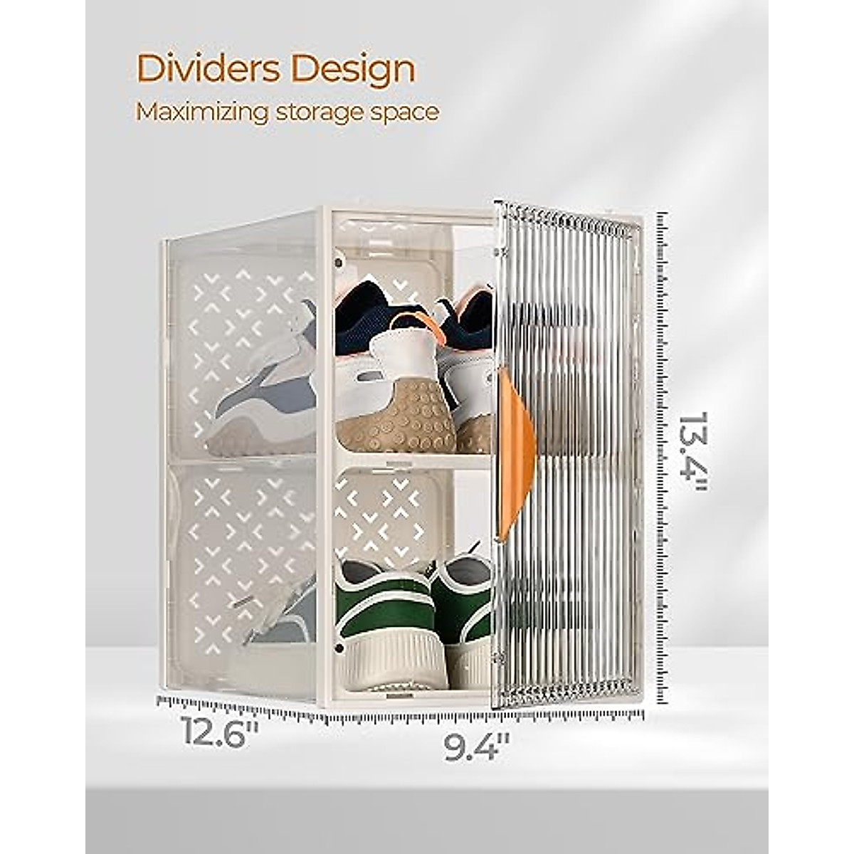 DINMO 6 Packs Shoe Box with Dividers, 12 Pairs, Clear Shoe Storage Organizer, Space Saving for Closet, Visualization, Foldable, White Transparent