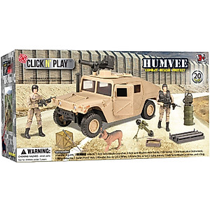 Click N' Play Military 20 Piece Play Set with Humvee Vehicle, Includes 2 Soldier Action Figures, Missile Launchers, Rifles, and More, Army Playset for Boys 6+,Tan