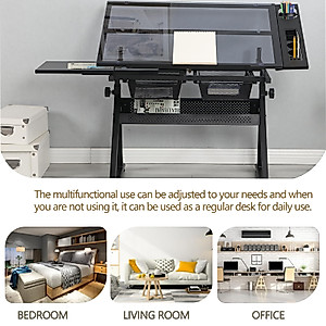 Gee Wuo Black Drawing Table, Modern Design Adjustable Tempered Glass Drawing and Printing Table with 2 Storage Drawers and Chair, Suitable for Office School, Artist