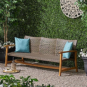 Great Deal Furniture Marcia Outdoor Wood and Wicker Sofa, Natural Finish with Mix Mocha Wicker