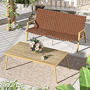 COMLAX FIELD 2 Piece Patio Furniture Set, Leather-Look Patio Loveseat, Outdoor Furniture Set with Coffee Table for Balcony Backyard Park Garden