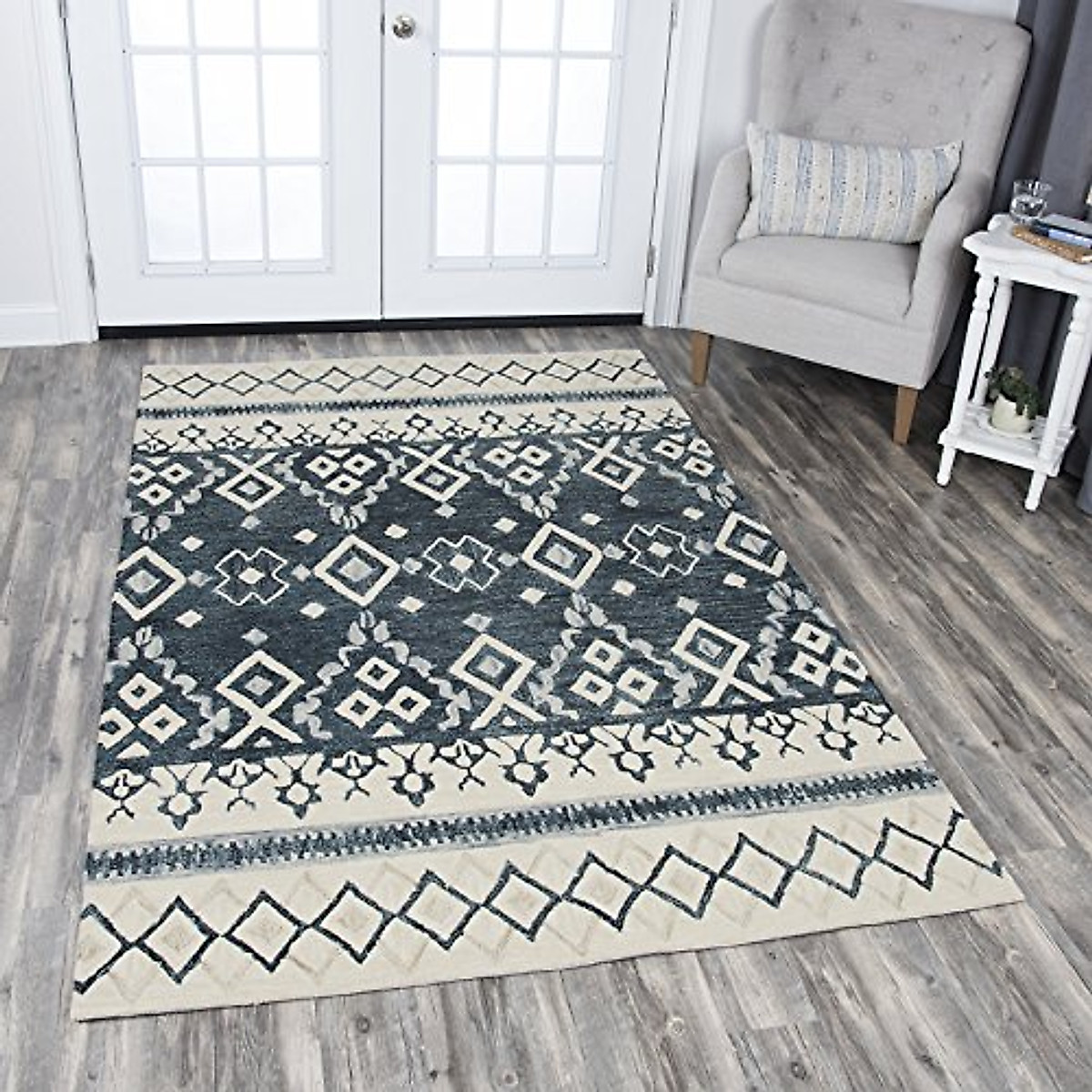 Rizzy Home | OU936A | Opulent Collection | Wool Area Rug | 8' x 10' | Natural /Gray/Dark Blue/Blue Tribal Motif