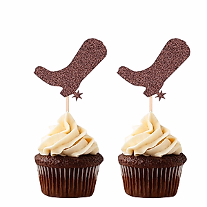 Glitter Brown Boots Cupcake Toppers Western Cowboy Theme Dessert Decoration Picks Baby Birthday Party Photo Props - 24 Counts