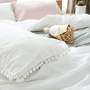 ETDIFFE White Duvet Cover King Size, 3 Piece Cute Boho Farmhouse Microfiber Bedding Comforter Cover Set with Pom Fringes, Soft and Lightweight