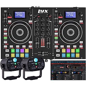 LyxJam 2-Deck Portable DJ Controller, Mixing Console with LCD Display, Manual Looping, USB, MIC Input, Record Output, 16 Performance Pads with Virtual DJ LE Software Included (Download) + Party Lights