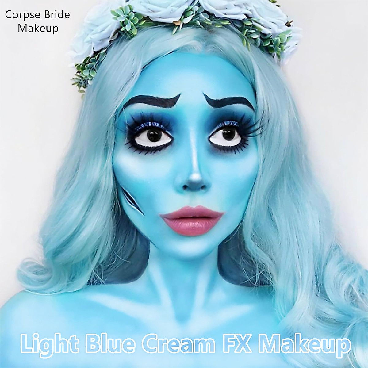 Go Ho Cream-Blendable Light Blue Face Paint Stick (1.06 Oz),Full-coverage Pale Blue Face Body Paint Stick for Halloween Cosplay SFX Corpse Bride Sally Makeup,Waterproof Blue Eye Black Stick