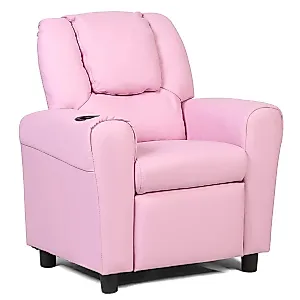 HONEY JOY Kids Recliner, 2-in-1 Toddler Armrest Sofa Couch with Cup Holders, Adjustable Footrest, PU Leather, Child-Size Recliner Chair for Boys Girls Age 3+ (Pink)