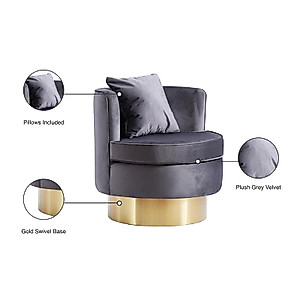 Meridian Furniture Kendra Collection Modern | Contemporary Velvet Upholstered Accent Chair with Swivel Base in Gold Finish, 29" W x 29" D x 29" H, Gray