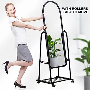 Jexdar Full-Length Mirror with Bracket, 66"x17"Adjustable Stand Up Mirror on Wheels with Underneath Storage, Floor-Standing Make Up Vanity Mirror Dressing Mirror for Bedroom Bathroom Porch