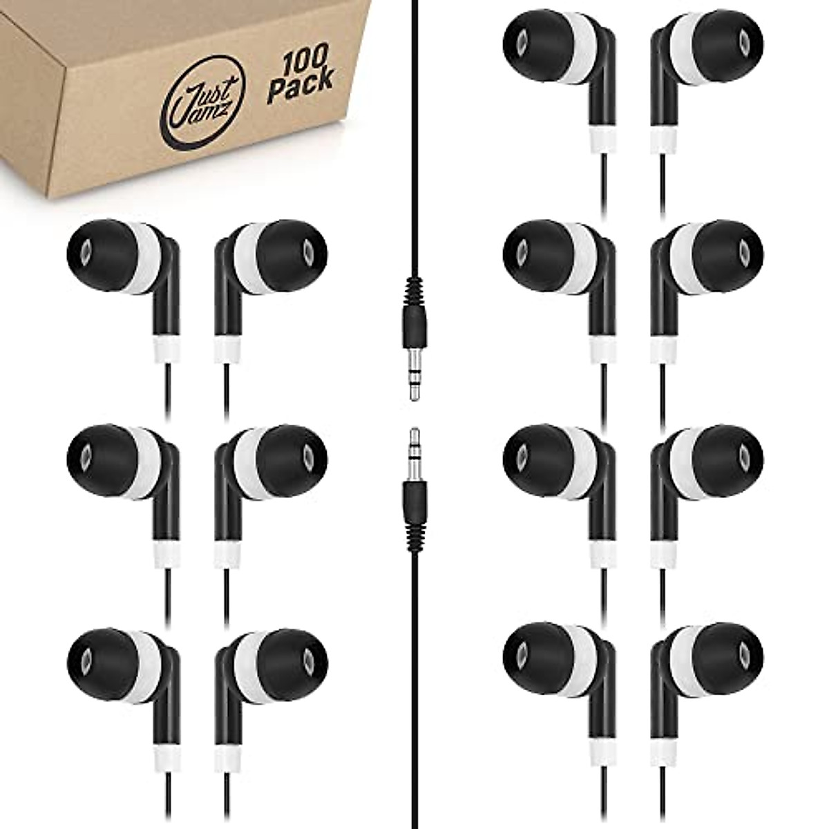JustJamz Bulk Earbuds 100 Pack | Basic Ear Bud, Black Dot in-Ear Earbuds, Disposable Headphones, Class Headphones Set for Students, Earphones for Class, Kids, Classroom, Library,Wired Earbuds Bundle