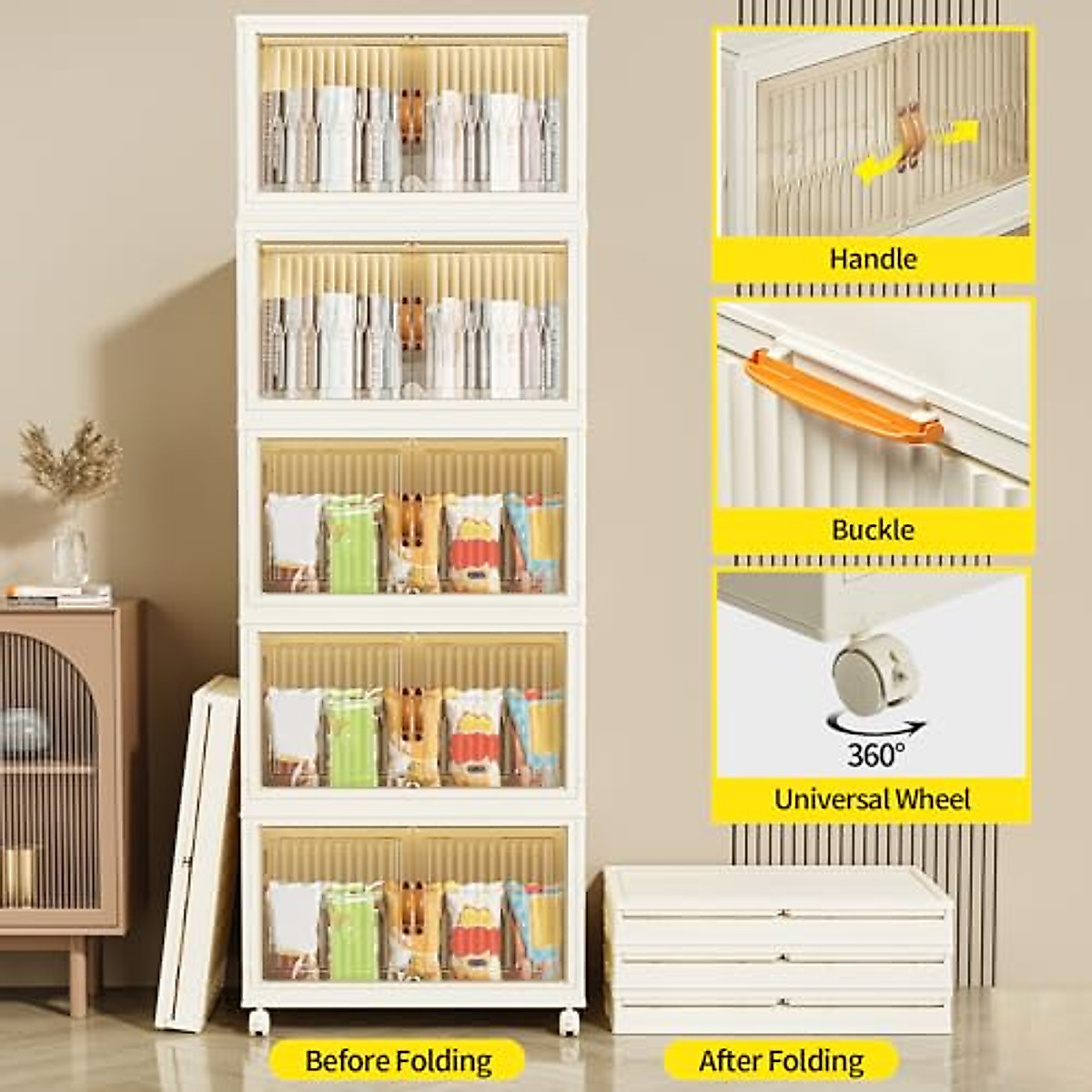 pupustar Storage Bins with Lids and Doors, Plastic Stackable Storage Bins Open Front, Foldable Storage Boxes for Organizing, Collapsible Storage Bins with Wheels, Opening Storage Boxes Set