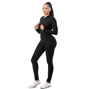 Workout Gym Bodycon Yoga Outfit 2 Piece Hoodie Set Leggings Bodysuit Plus Size (2pc Set: Black, Medium)