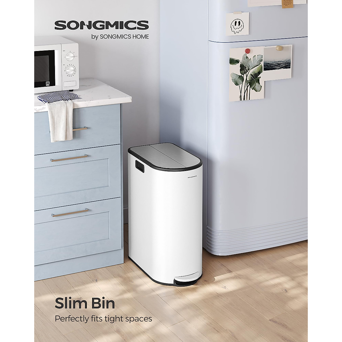 SONGMICS 13-Gallon Dual Kitchen Trash Can, 5.3 and 8 Gallon Compartments, Garbage Can with Wing Lids, Stainless Steel, Soft Close, Inner Buckets, Cloud White and Metallic Silver ULTB570W50