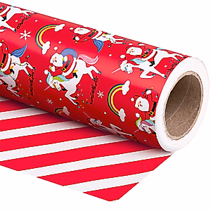 WRAPAHOLIC Reversible Christmas Wrapping Paper - Mini Roll - 17 Inch X 33 Feet - Red Santa Claus and Unicorn, Red and White Stripe Design for Holiday, Party, Celebration