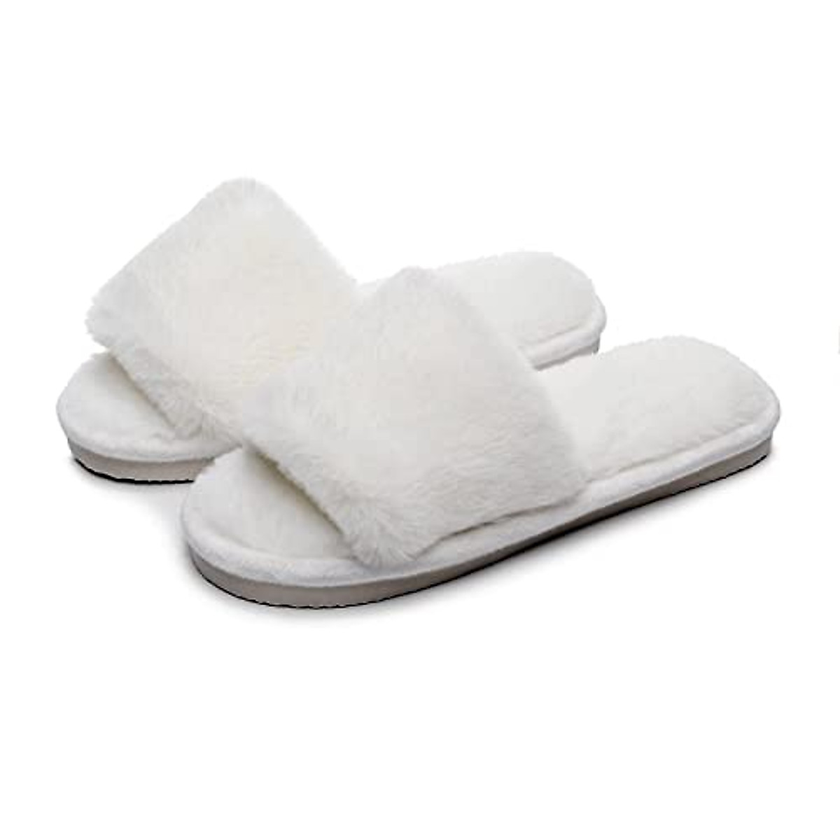 Women's Fuzzy Cozy House Slippers Soft Plush Furry Fur Open Toe Memory Foam Winter Warm Comfy Slip On Breathable Indoor Outdoor (White,9-10)