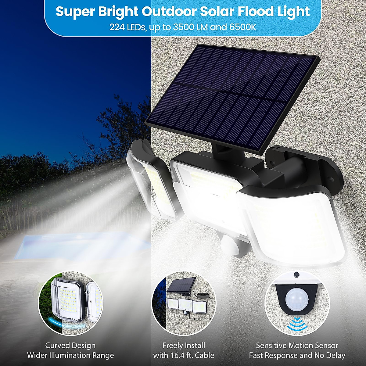 Adiding Solar Outdoor Lights, 3 Heads 3500LM LED Flood Light with 16.4 Ft Cable, 4 Modes Motion Sensor Solar Lights for Outside with Remote, Solar Powered Security Lights for Patio,Yard,Garage, 2 Pack