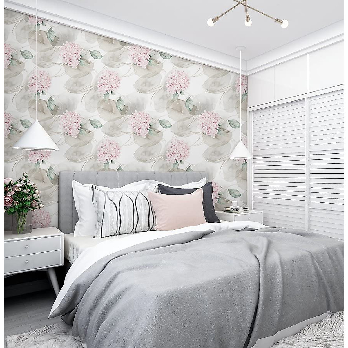 HAOKHOME 93164 Abstract Nordic Peel and Stick Wallpaper Geometric Hydrangea Floral White/Grey/Pink Stick on Home Decor 17.7in x 118in
